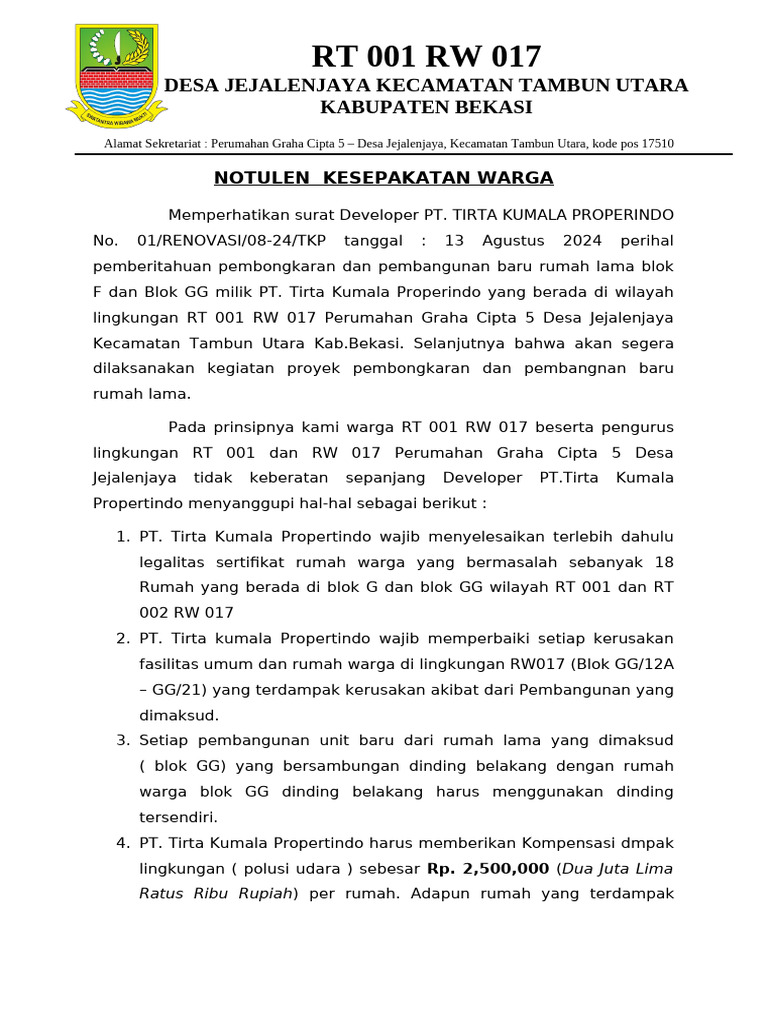 Kesepakatan Warga RT 001 RW 017 Bekasi | PDF