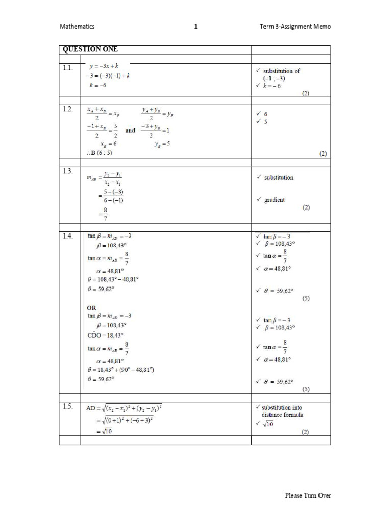 Maths GR 11 T3 MEMO | PDF