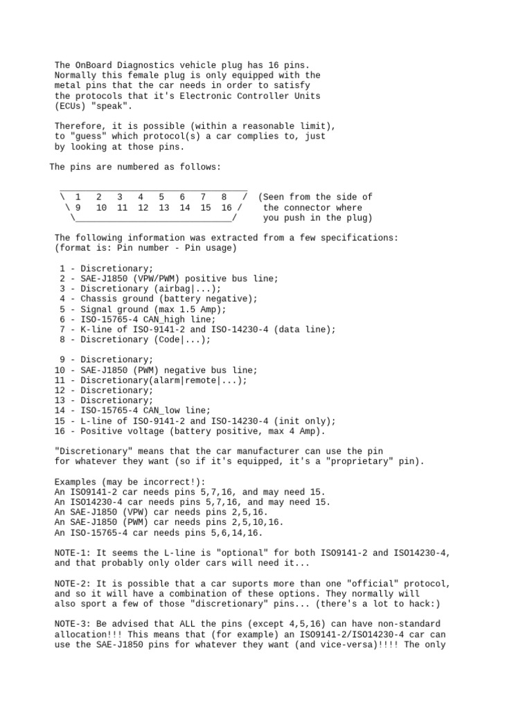 OBD-II Plug Pinout and Protocols | PDF | Manufactured Goods | Computer ...