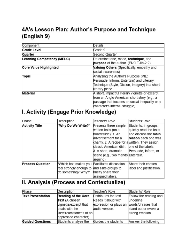 Create 4as Lesson Plan Discussing Authors Purpose ... - 1 | PDF ...
