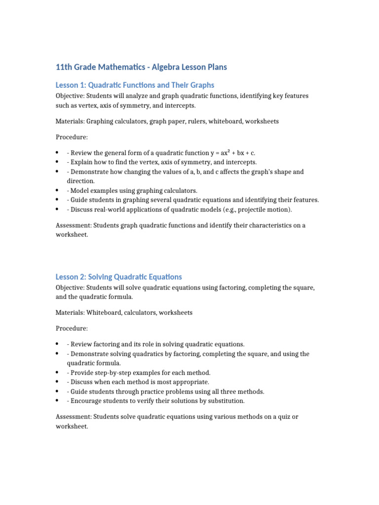 11th Grade Algebra Lesson Plans | PDF | Quadratic Equation | Polynomial