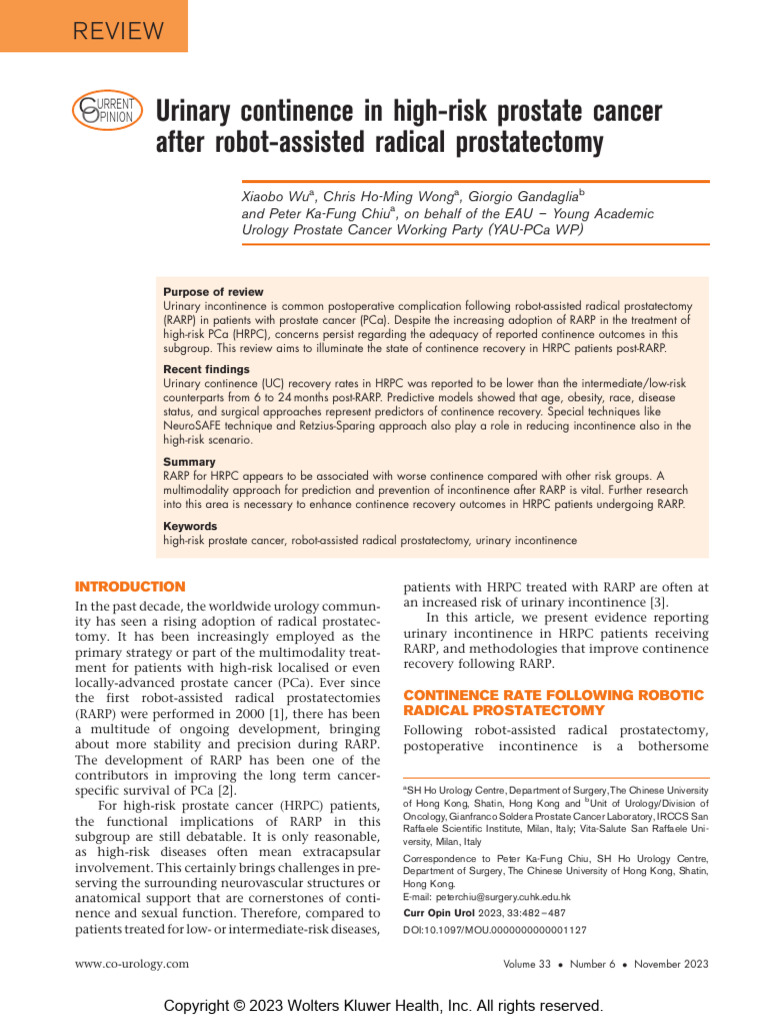 Urinary Continence in High-Risk Prostate Cancer After Robot-Assisted ...