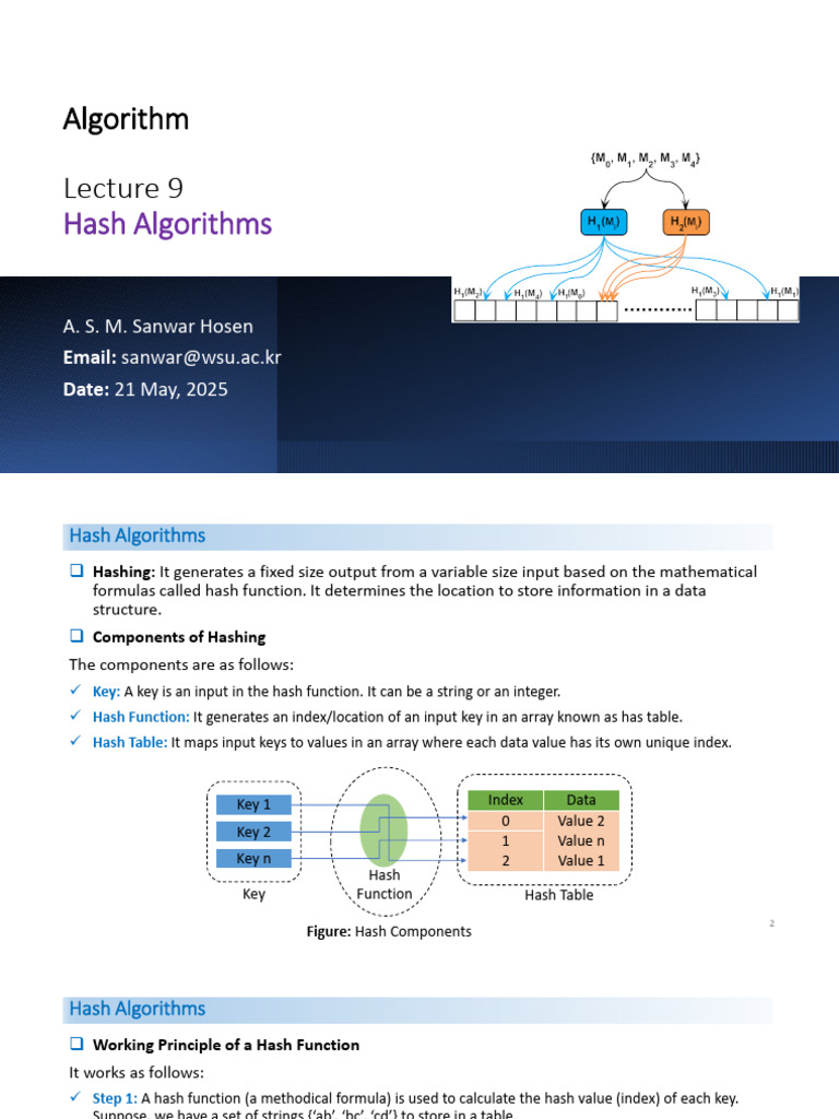 Lecture 9 (Hash Algorithms) | PDF | Mathematics | Applied Mathematics