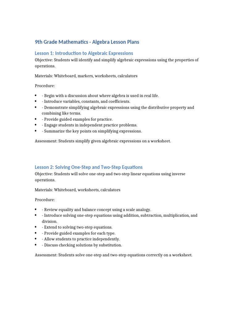 9th Grade Algebra Lesson Plans | PDF | Algebra | Equations
