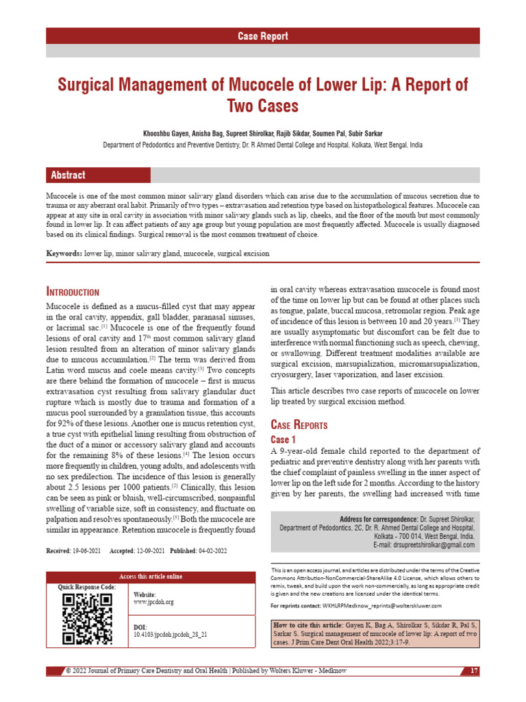 Surgical Treatment of Lip Mucocele Cases | PDF | Medical Specialties