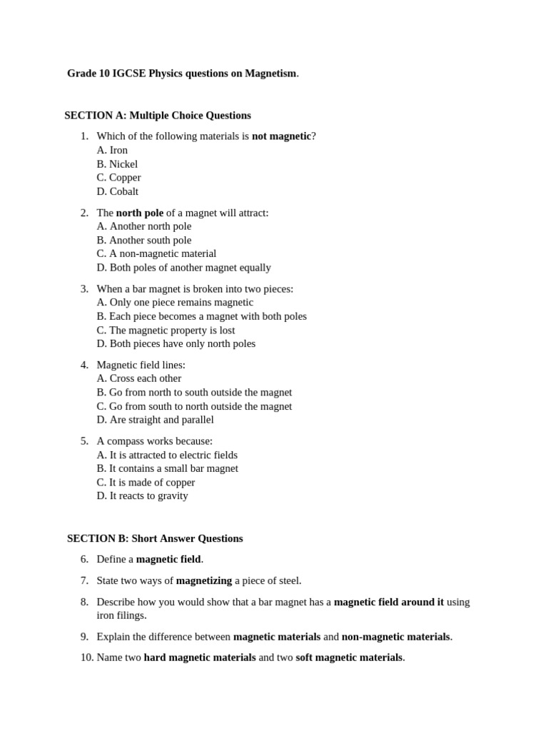 IGCSE Physics: Magnetism Questions | PDF | Magnet | Sound