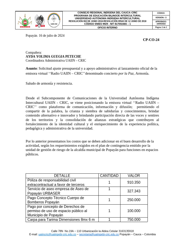 Solicitud Apoyo Presupuestal Lanzamiento Oficial Radio Uaiin Cric ...