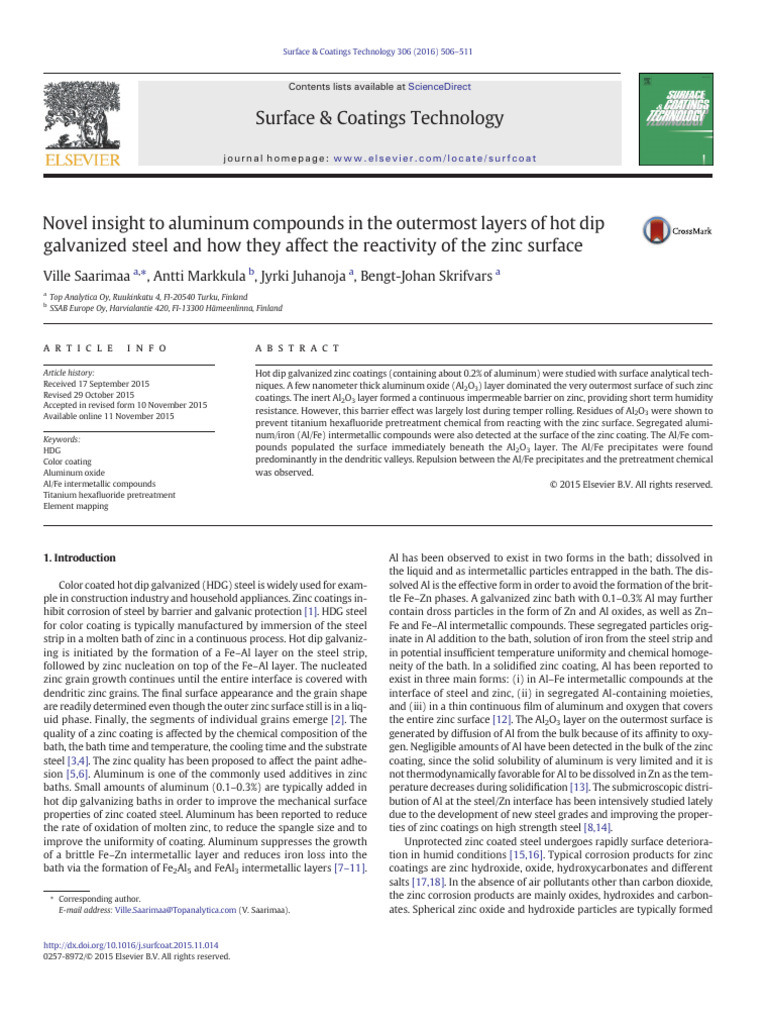 Novel Insight To Aluminum Compounds in The Outermost Layers of Hot Dip ...