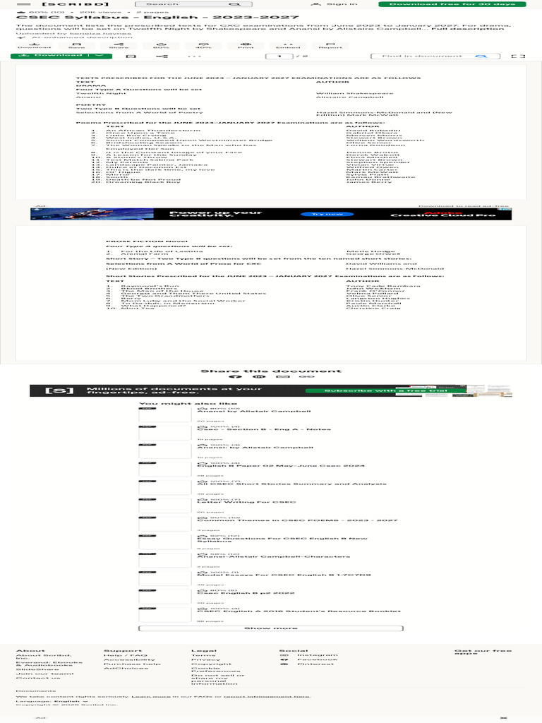 CXC English Texts 2023-2027 List | PDF | Scribd