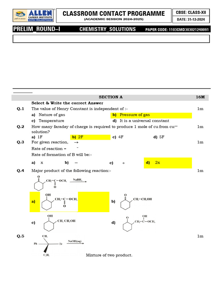 Enthuse-Cbse - Prelim R-I - Chemistry Solutions.-31-12-2024 | PDF | Ester | Amine