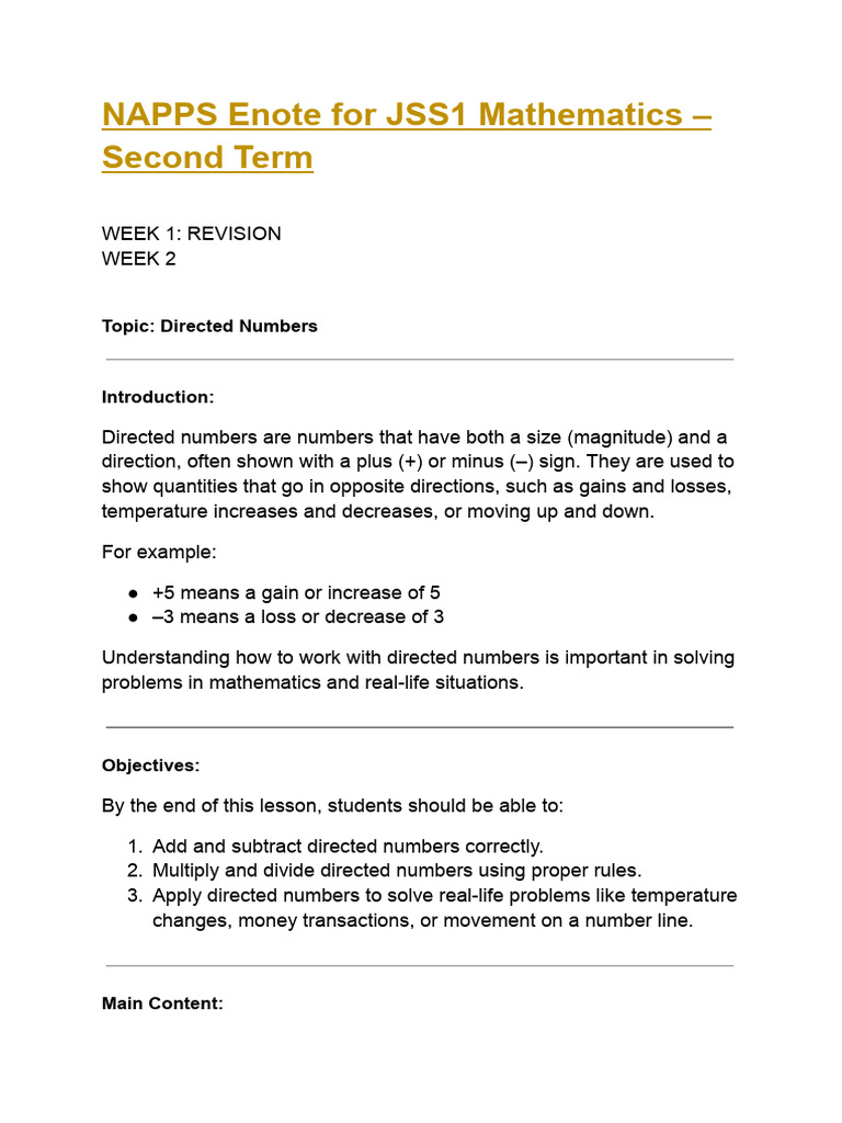 JSS1 Mathematics: Directed Numbers & Algebra | PDF | Area | Cartesian ...