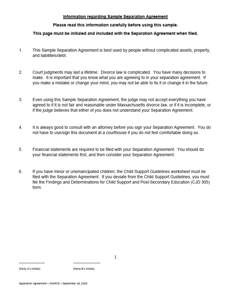 Separation Agreement SAMPLE.9.19.2024 | PDF | Child Support | Child Custody