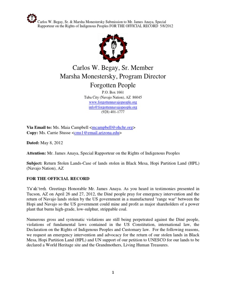 5/8/2012 Carlos W. Begay and Marsha Monestersky To Mr. James Anaya For ...