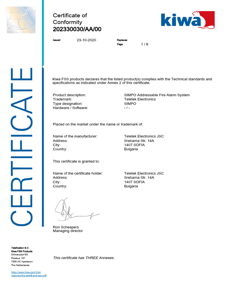 SIMPO - EN 54 13 Certificate - 10.2020 | PDF