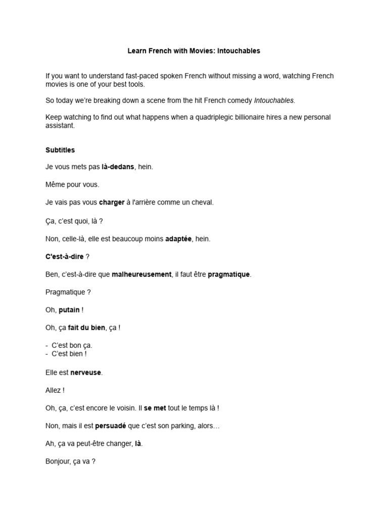 Learn French with Intouchables Scenes | PDF | French Language | Linguistics