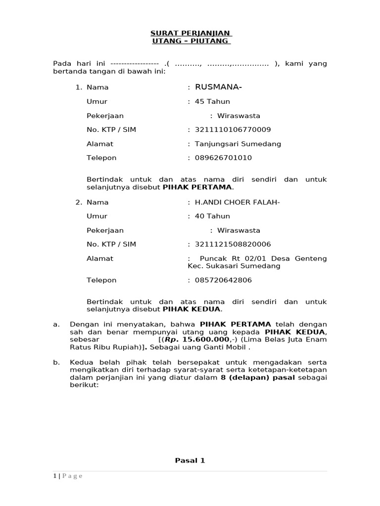Contoh Surat Perjanjian Utang Piutang FH UII | PDF