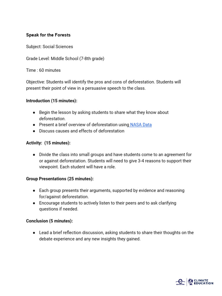 March Middle School Lesson Plan Speak For The Forests | PDF