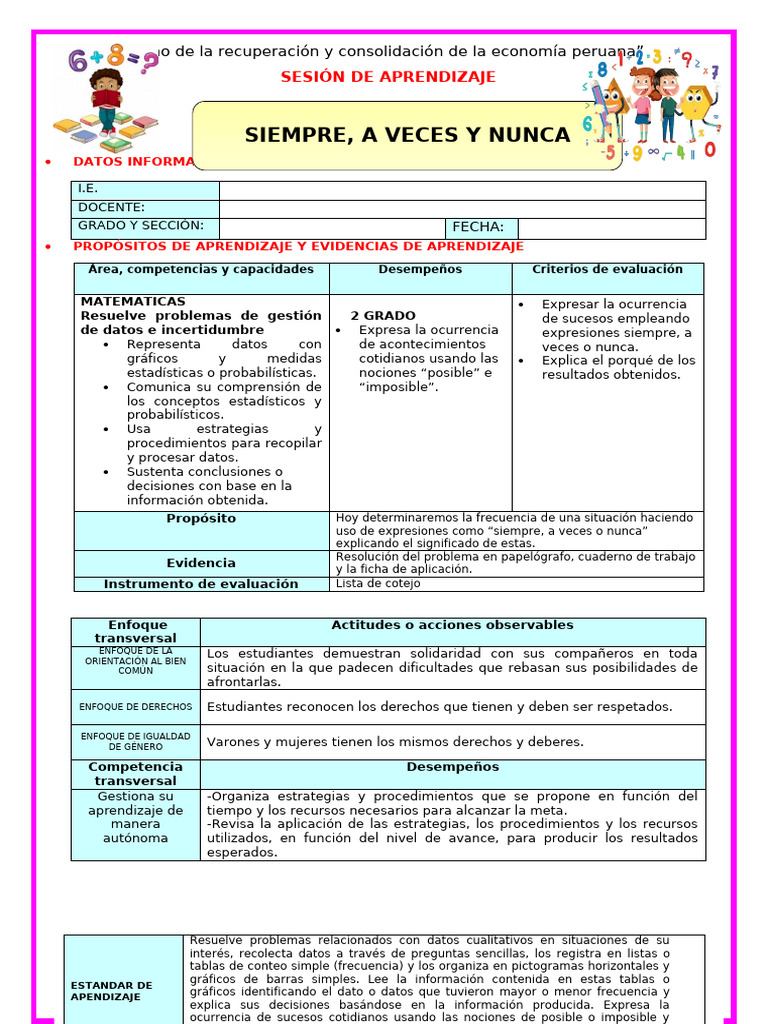 2º U7 S1 Sesion D4 Mat Siempre A Veces Nunca | PDF | Evaluación | Datos
