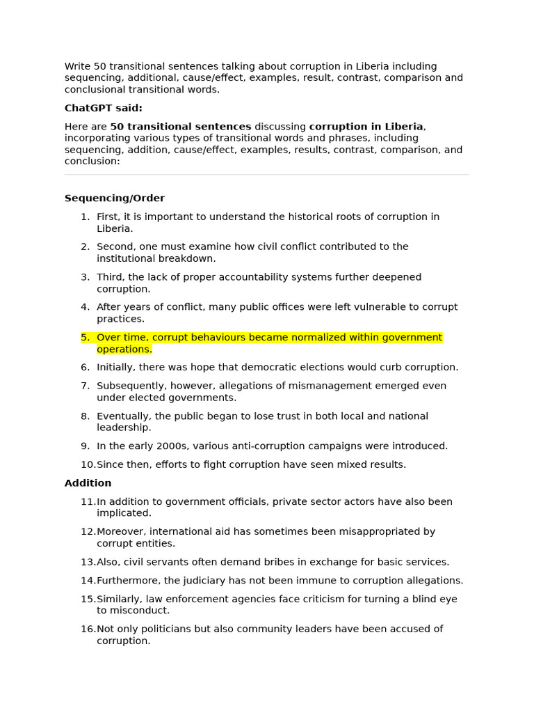 Transitional Sentences on Liberia's Corruption | PDF | Political ...
