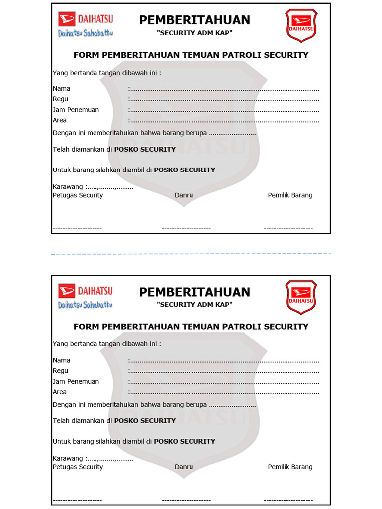 Form Pemberitahuan Temuan Barang Security | PDF