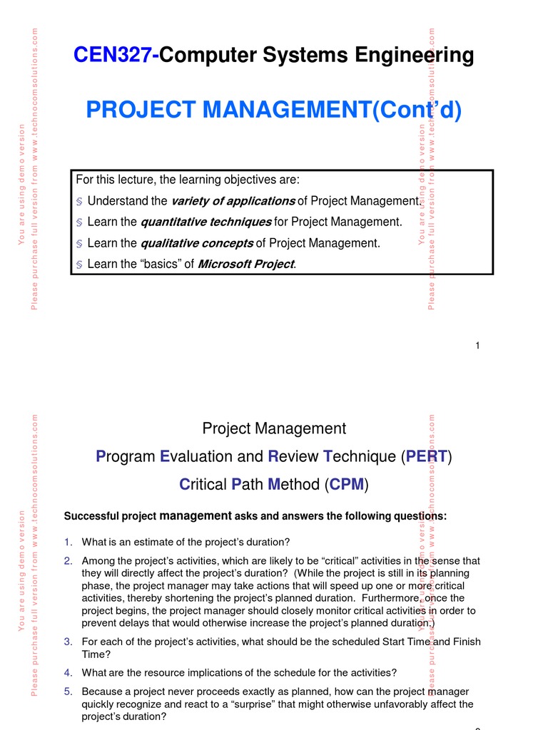 Project Management (Cont'D) : Computer Systems Engineering | PDF ...