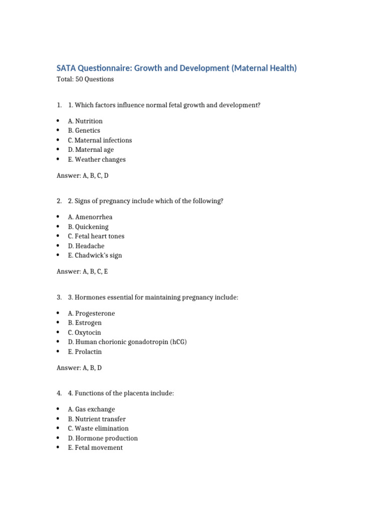 SATA Questionnaire Growth and Development Maternal | PDF