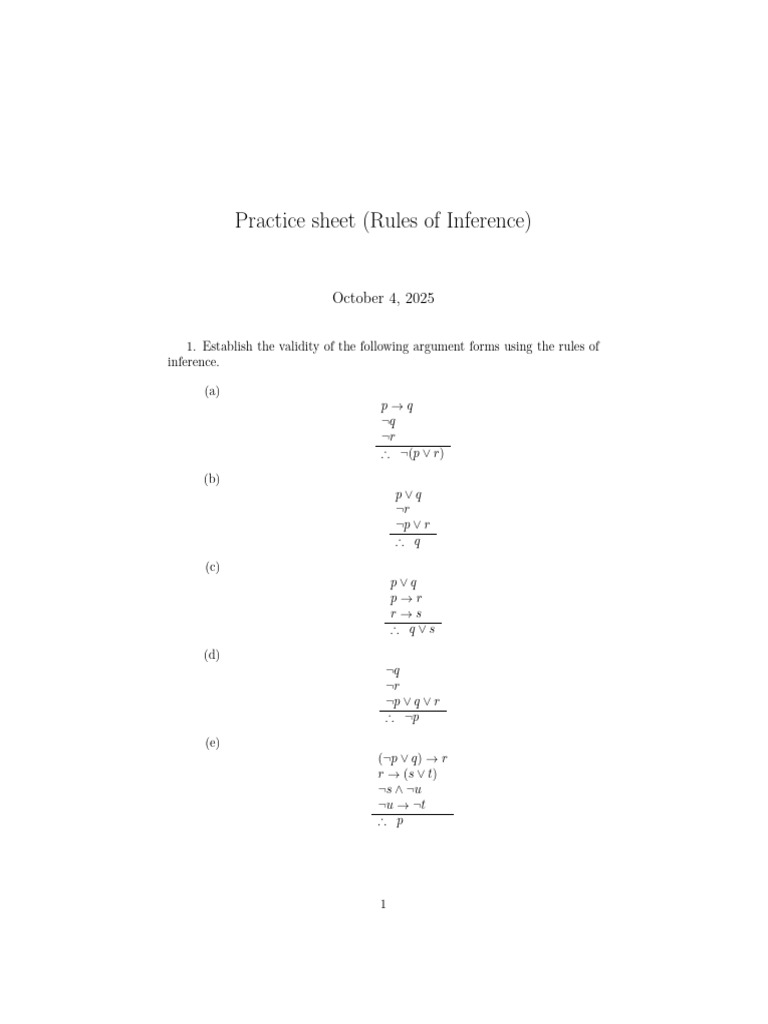 Rules of Inference Practice Sheet | PDF | Syntax (Logic) | Mathematical ...