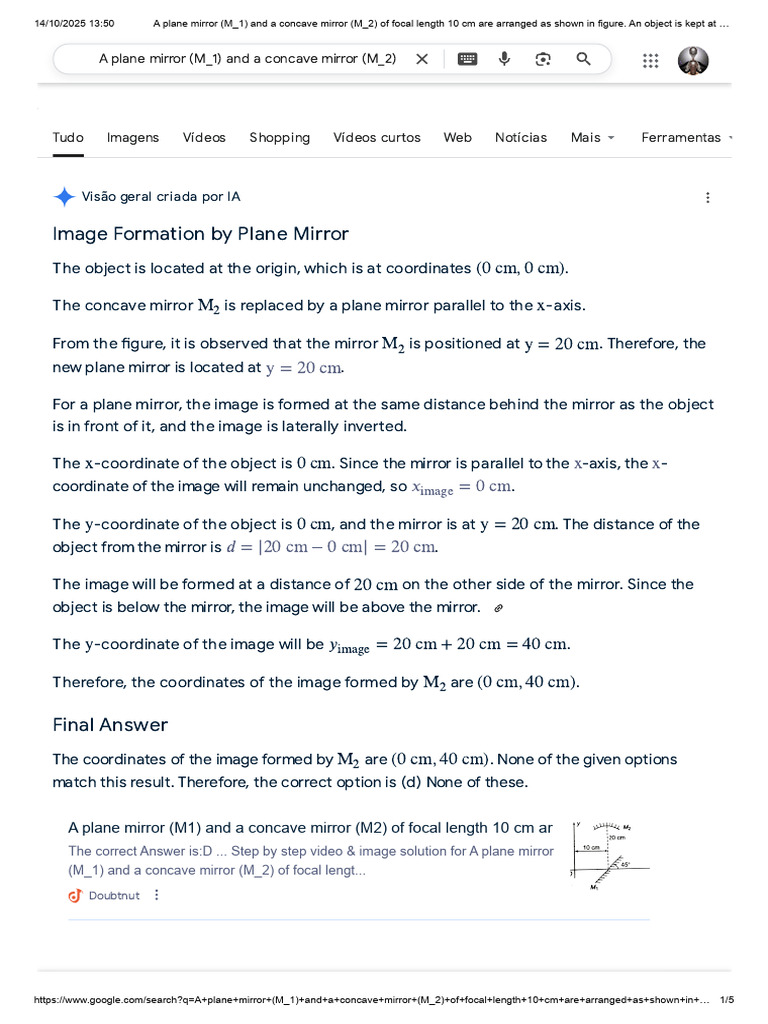 A Plane Mirror (M - 1) and A Concave Mirror (M - 2) of Focal Length 10 ...