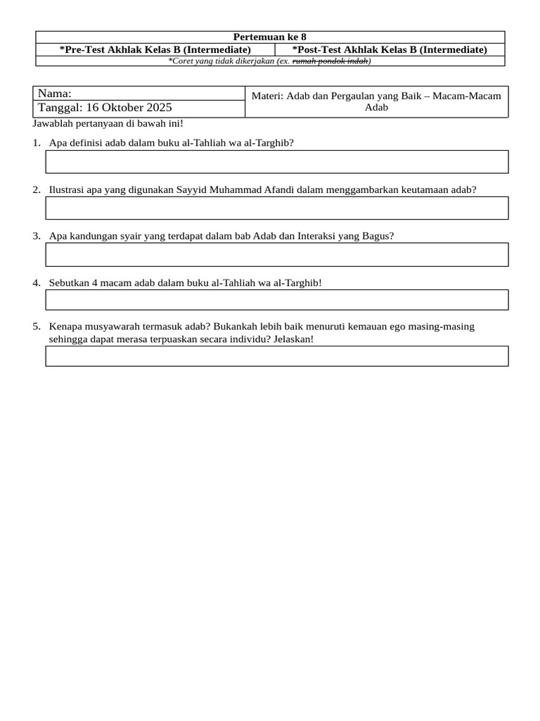 Pre-Post Akh - Kelas B (Intermediate) Pert.8 (16 Okt 2025) | PDF
