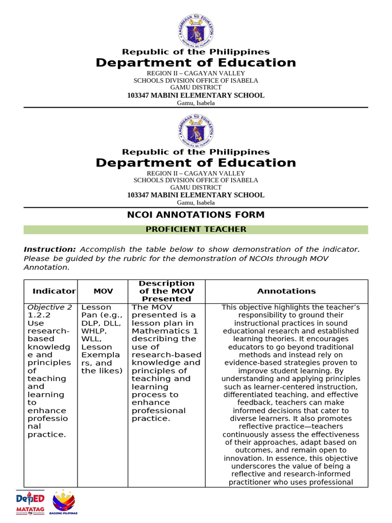 Proficient Teacher NCOI Annotations Form | PDF | Learning | Teachers