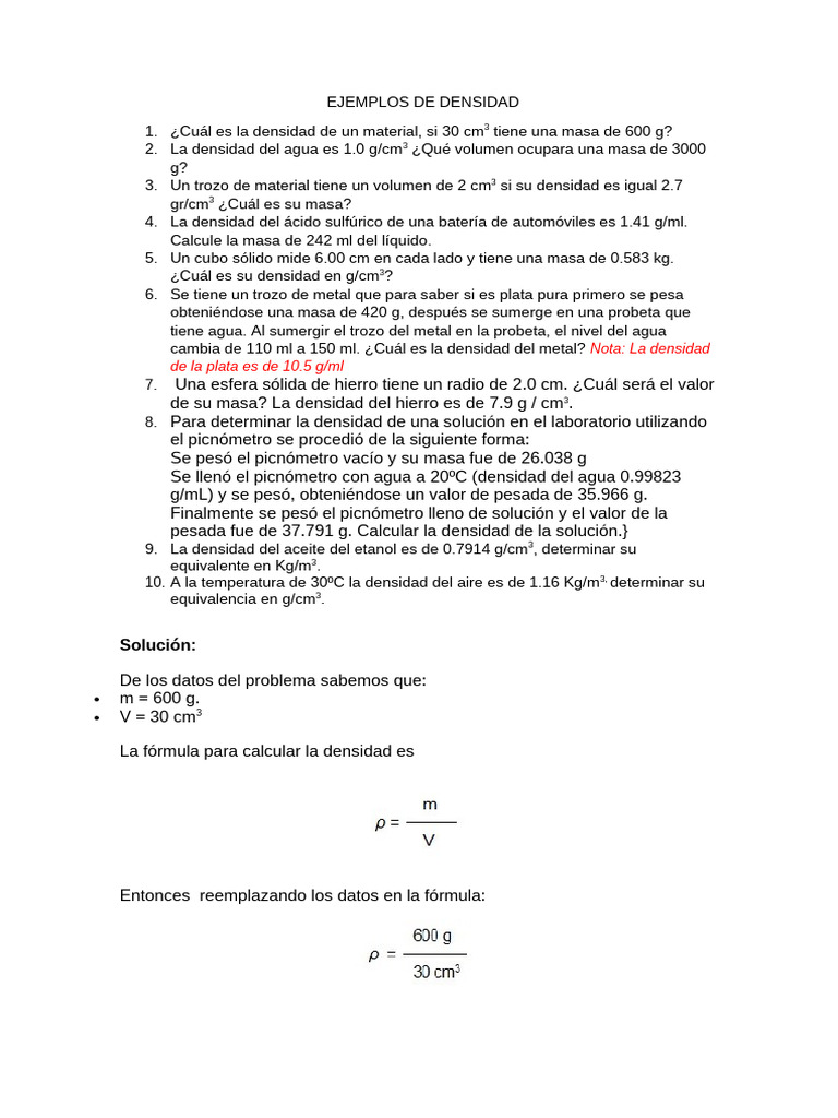 Ejercicios de Cálculo de Densidad | PDF | Densidad | Volumen