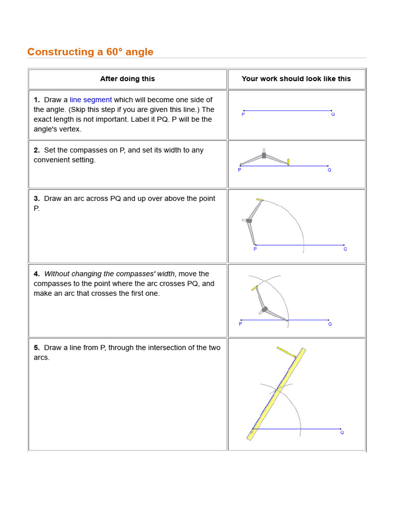 6. Instructions for Drawing a 60 Degree Angle With Compass and Straightedge or Ruler | PDF