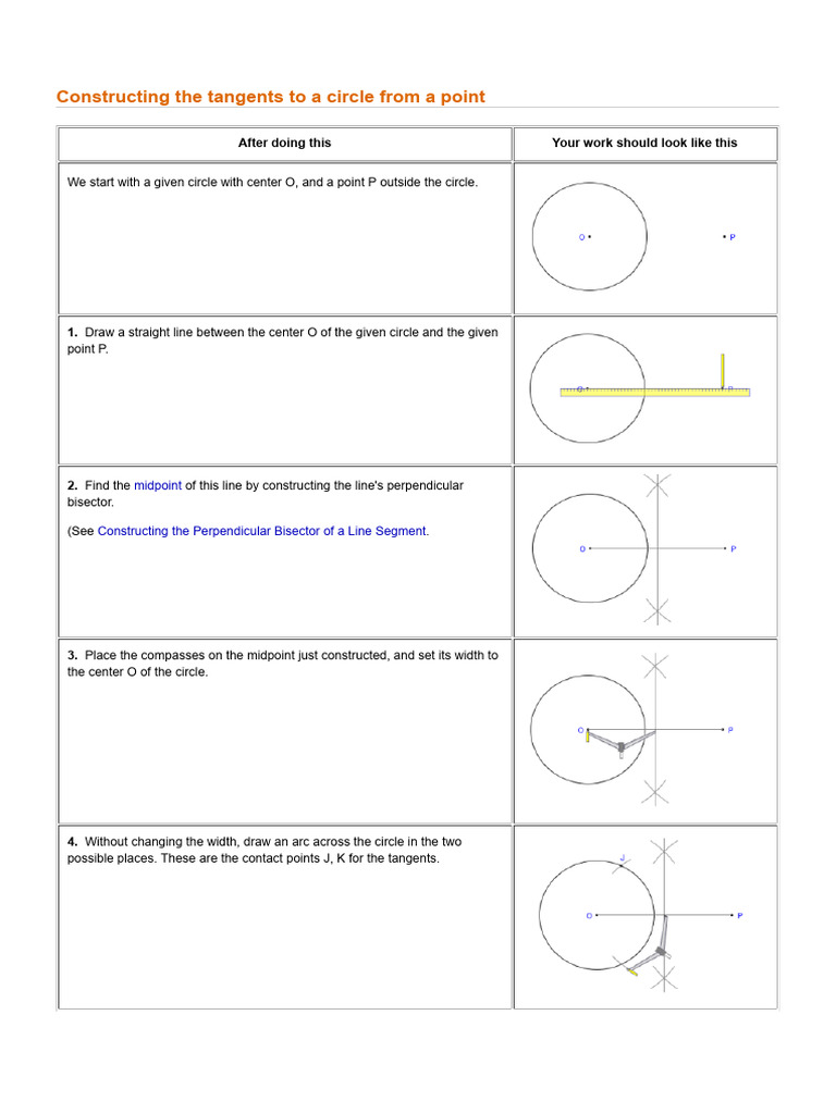 Instructions For Drawing Tangents To A Circle From A Point With Compass ...