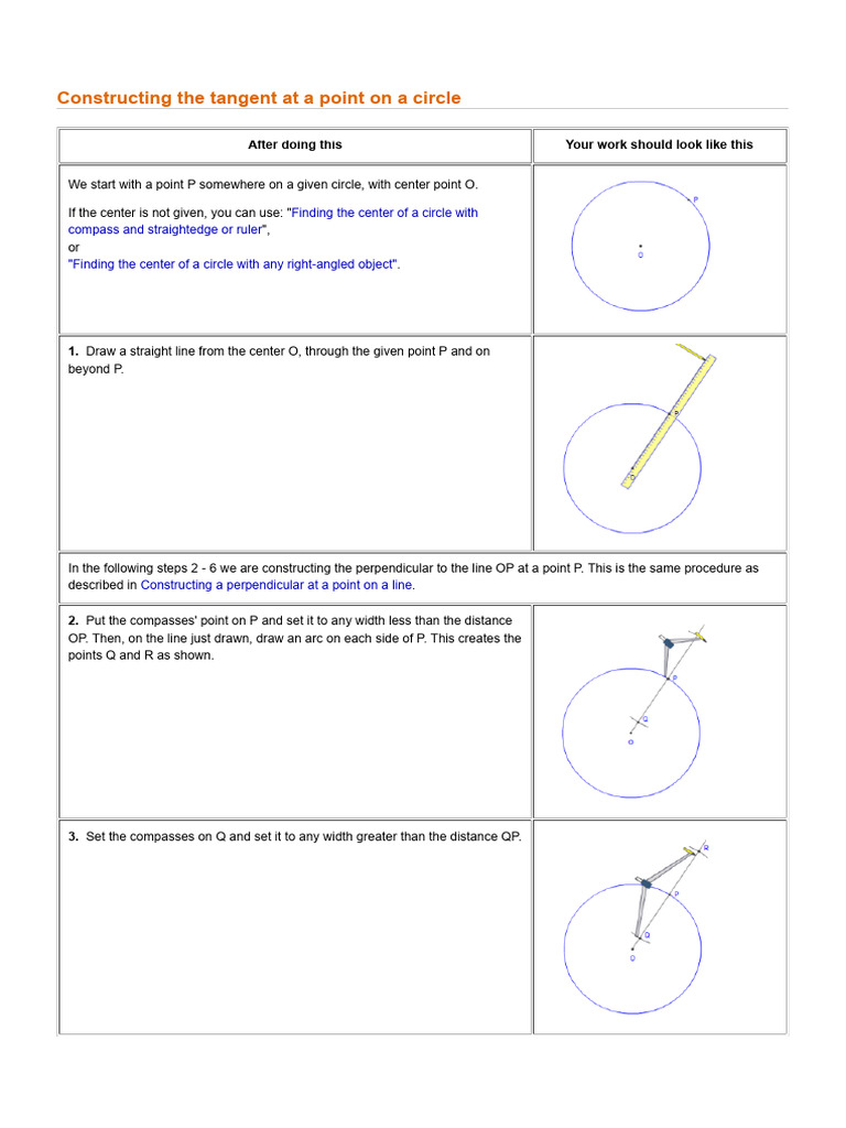 Instructions For Drawing A Tangent at A Point On A Circle With Compass ...