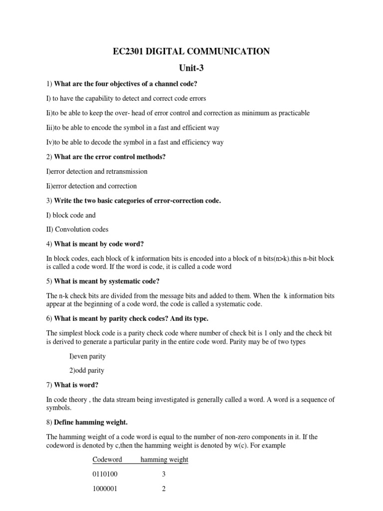 EC2301 DIGITAL COMMUNICATION Unit-3 Key Concepts | PDF | Error Detection And Correction | Code