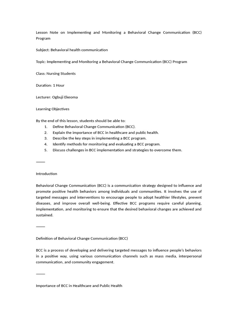Lesson Note On Behavioral Change | PDF | Communication