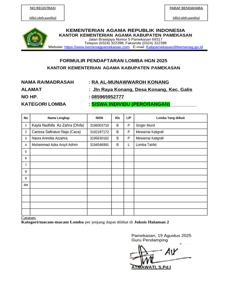 Formulir Pendaftaran Siswa & Rekom Kamad Lomba HGN 2025 REVISI 1 | PDF