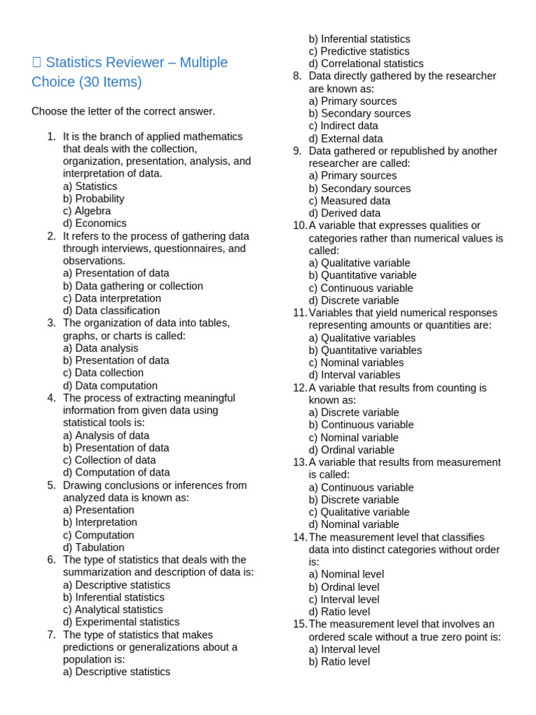Statistics Multiple Choice Quiz | PDF | Sampling (Statistics) | Statistics