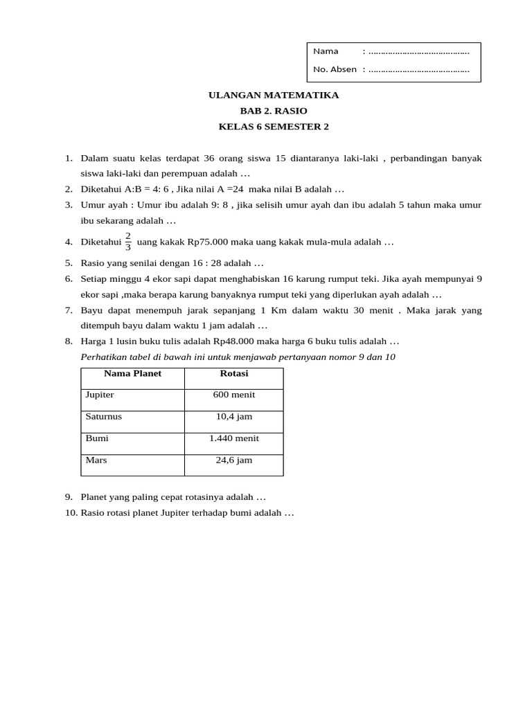 Ulangan Matematika Bab Rasio | PDF