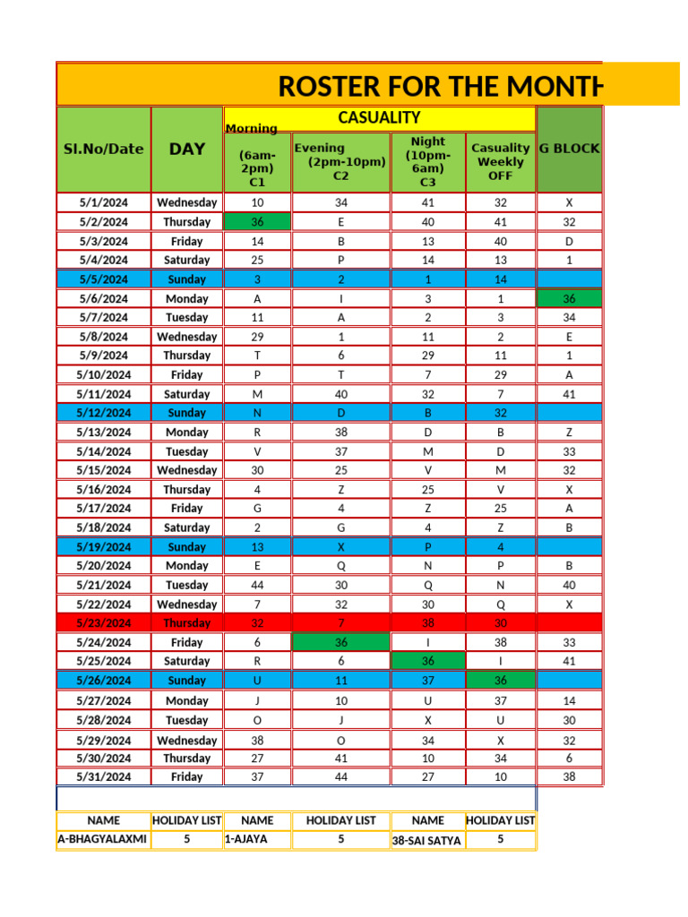 Roster For The Month of May 2024 | PDF