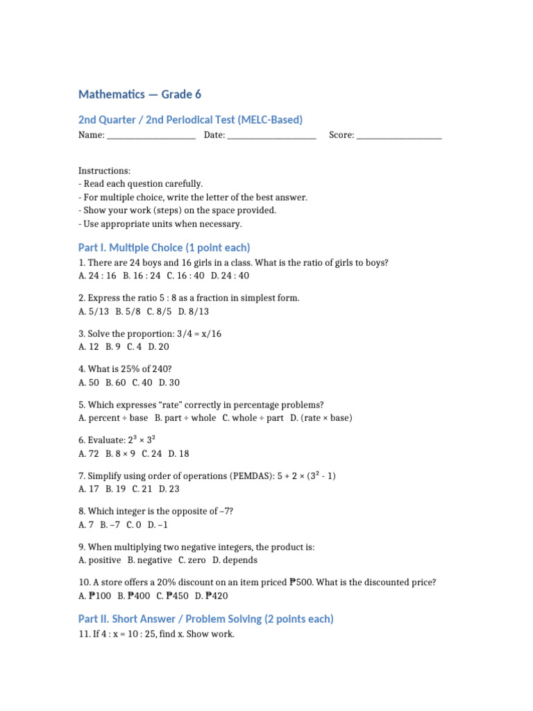Grade 6 Math Periodical Test Guide | PDF