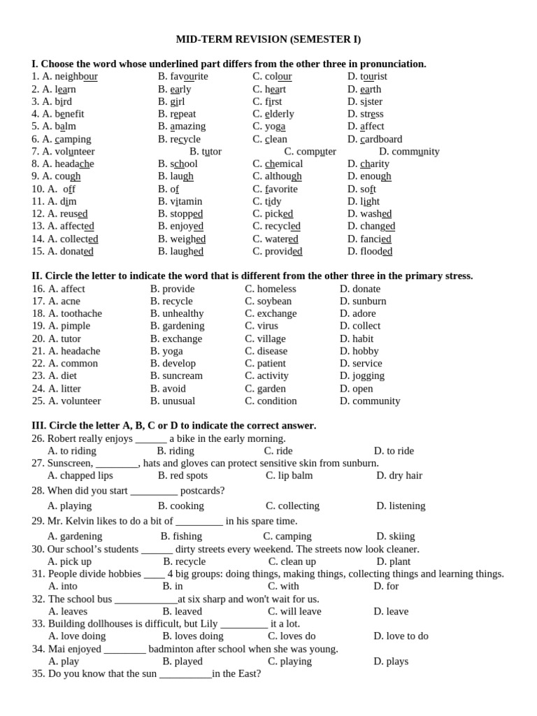 Mid-Term Revision: Vocabulary & Grammar | PDF