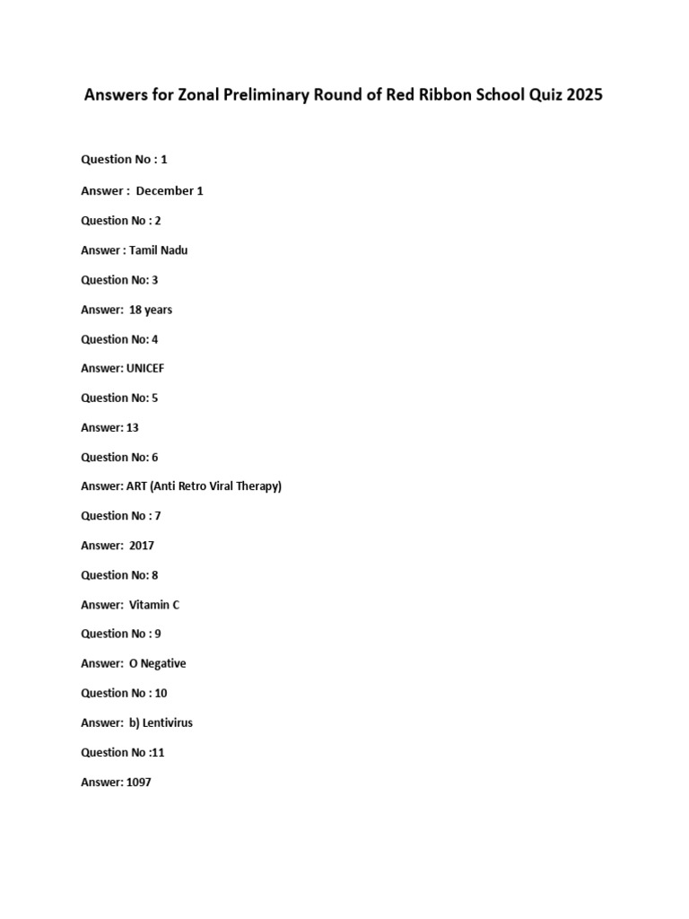 Answers For Zonal Preliminary Round of Red Ribbon School Quiz 2025 | PDF
