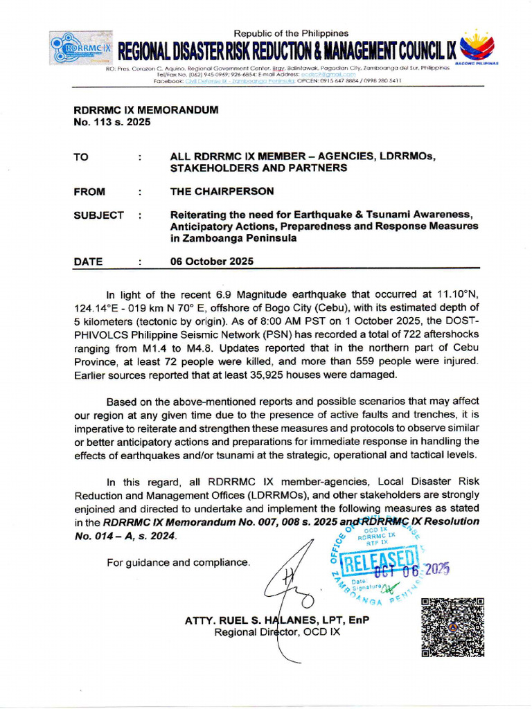 RDRRMC Memo No 113 S 2025 Reiterating The Need For Earthquake & Tsunami ...