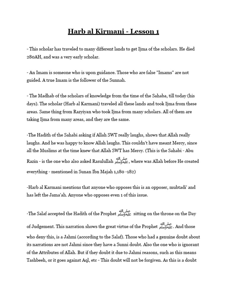 Harb al Kirmani: Kitab as Sunnah Insights | PDF | God In Islam | Hadith