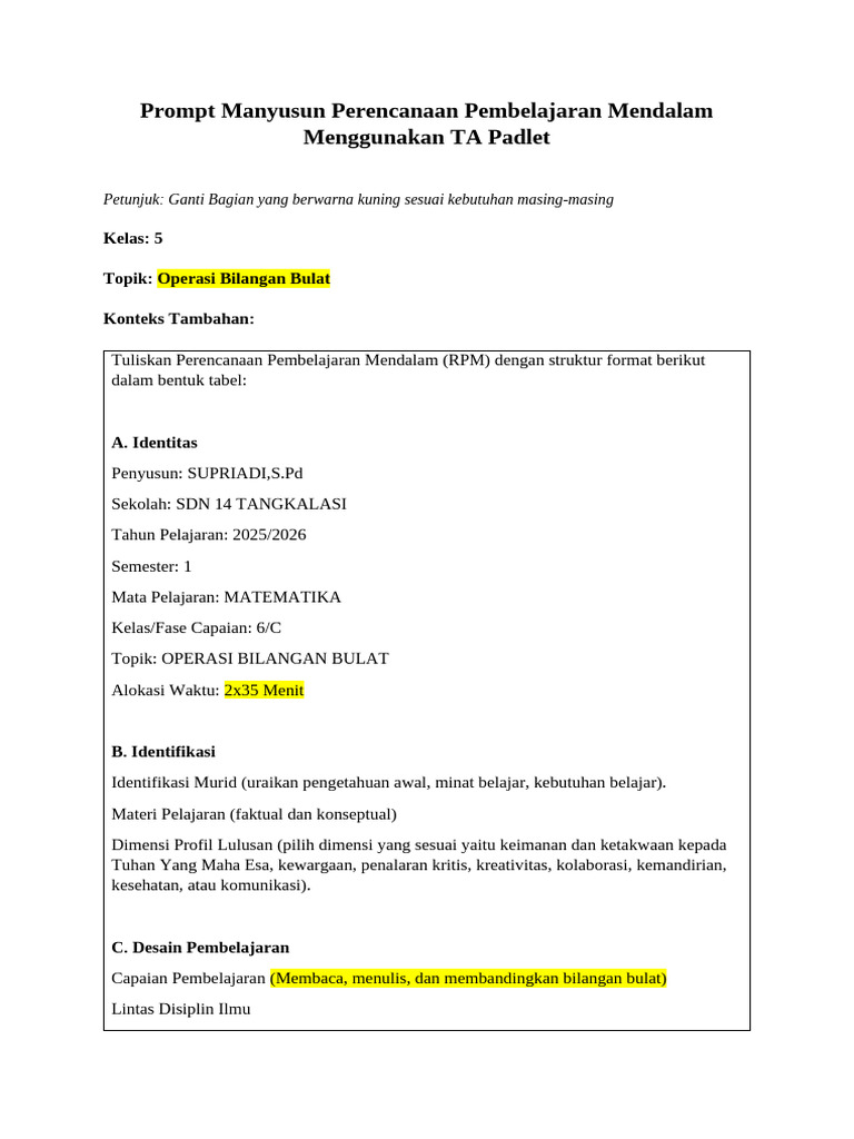 Prompt RPM TA Padlet (Tabel) | PDF