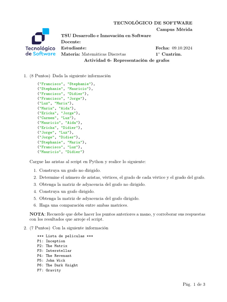 Actividad #6. Ejercicios de Representación de Grafos | PDF ...
