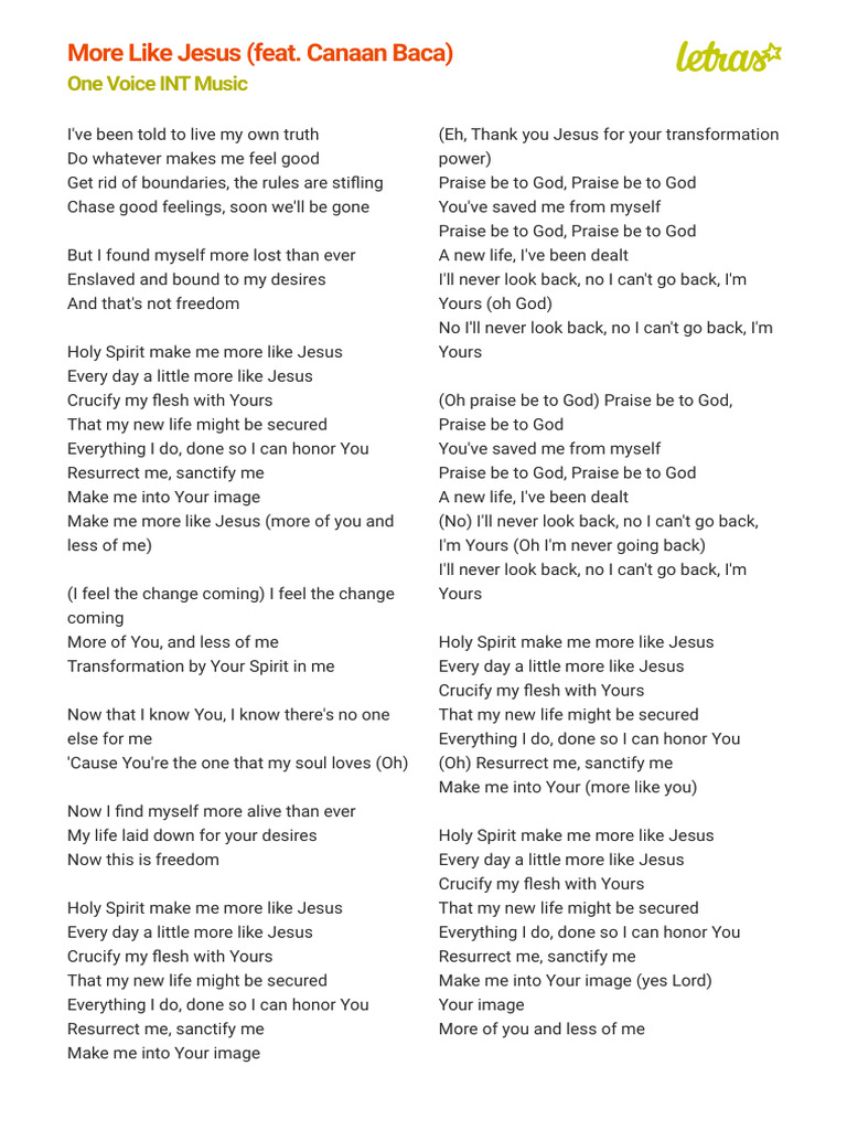 More Like Jesus Feat Canaan Baca One Voice Int Music Impressão