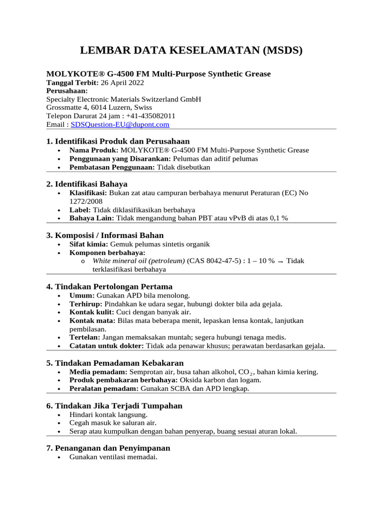 Lembar Data Keselamatan Grease G-4500 Spray | PDF