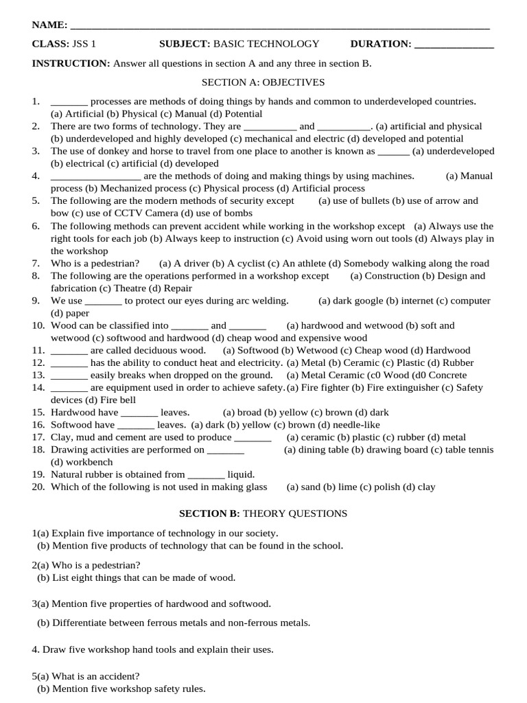 Basic Technology Exam Questions for JSS 1-3 | PDF | Hardwood | Metals